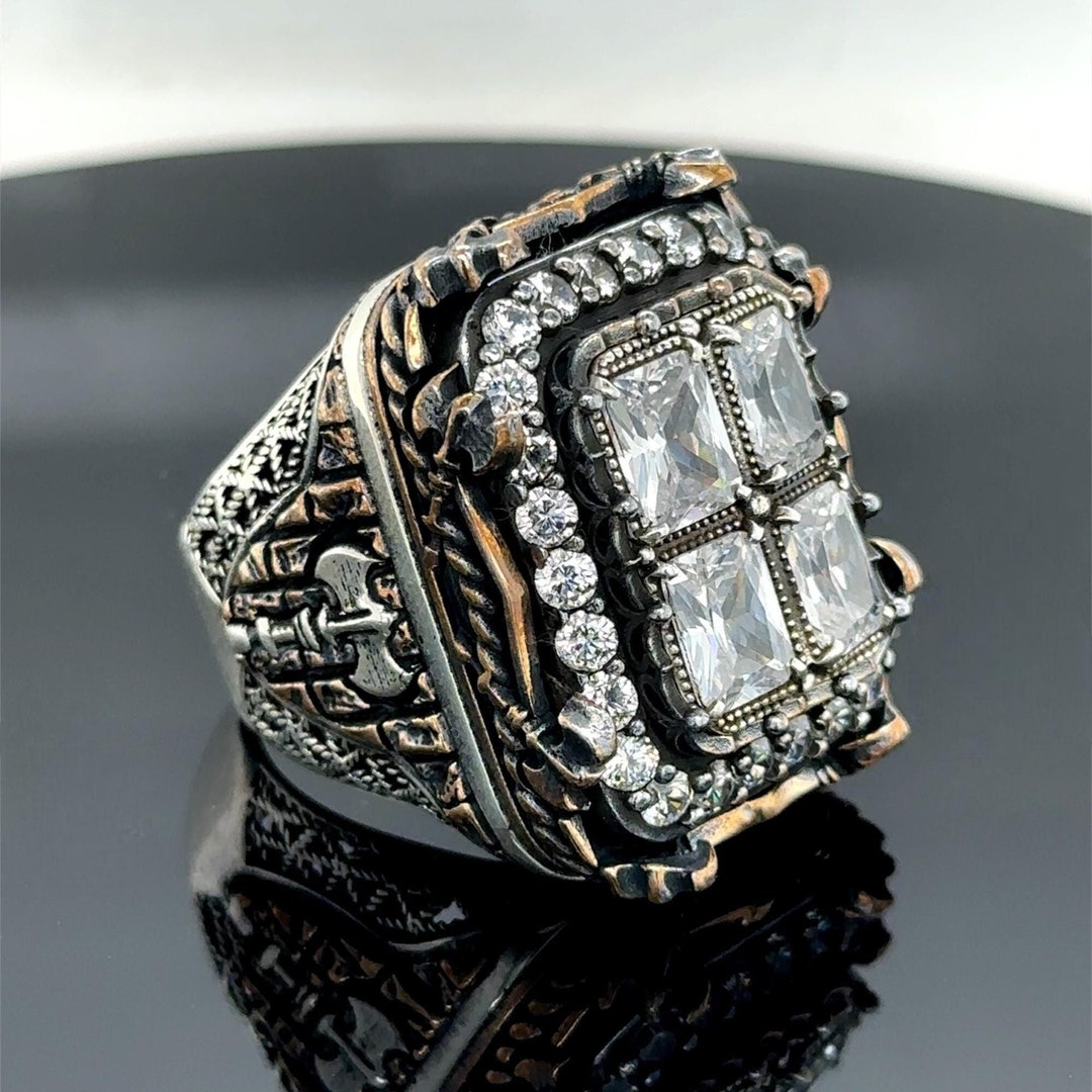 Men Large Axe Ring, Handmade Men Moissanite Ring, Square Big Men Silver ...
