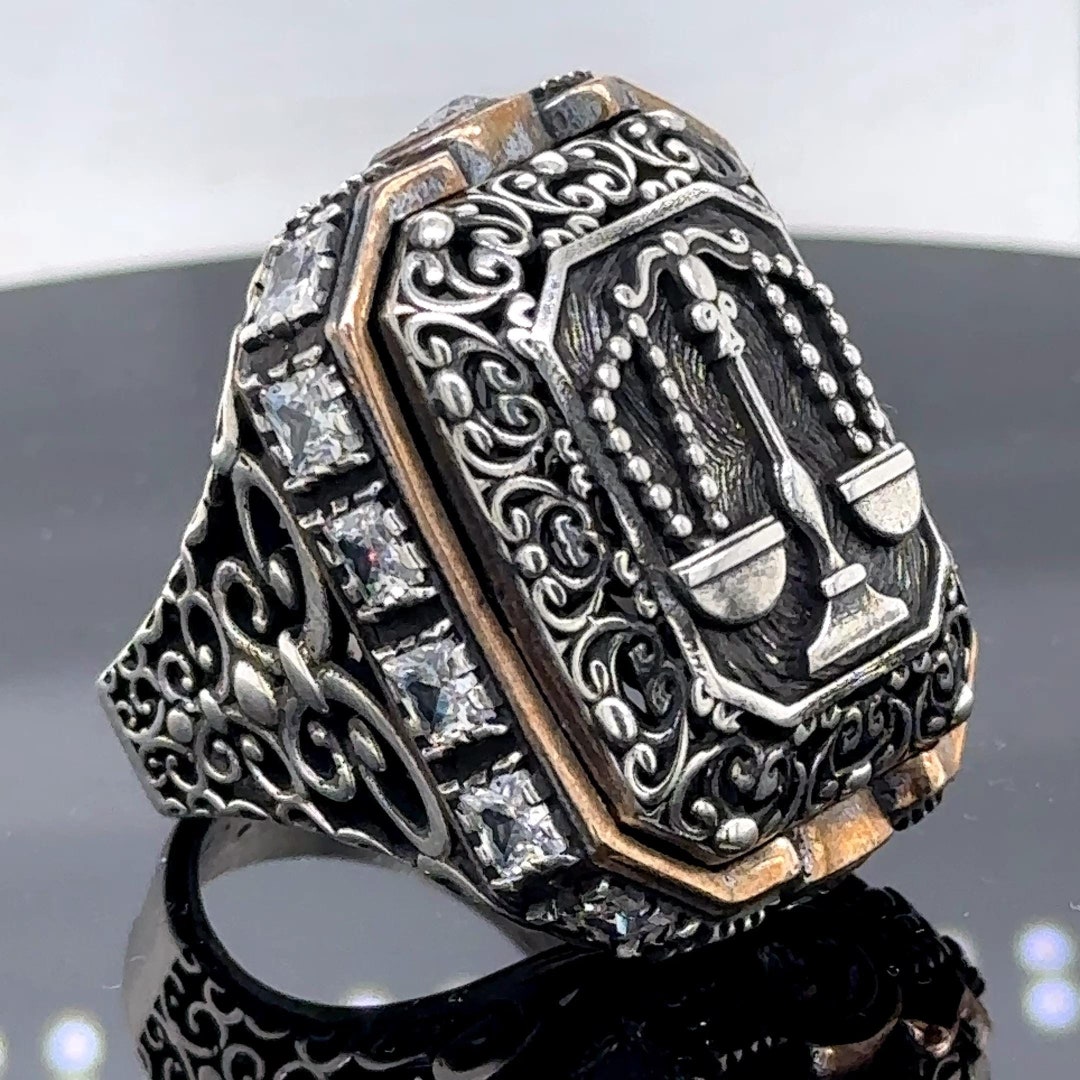 Silver Scale Lawyer Signet Ring , Men Large Libra Lawyer Signet Ring , Men Handmade Libra Ring ...