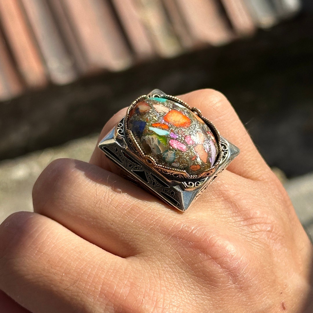 Large Multi Color Turquoise Gemstone Ring, Large Natural Turquoise Ring ...