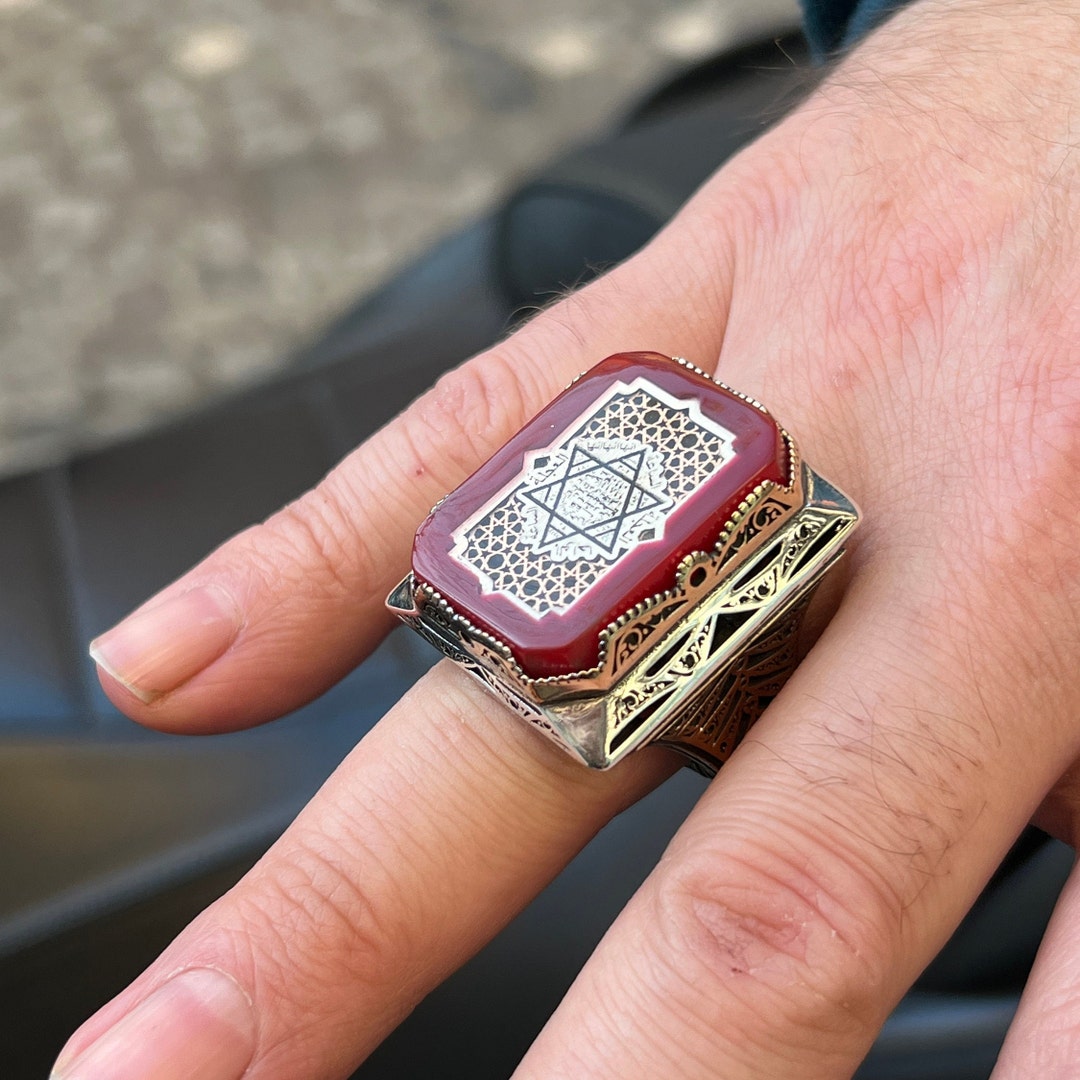 Seal of Solomon Ring , Silver Amber Stone , Large Amber Ring, Silver ...
