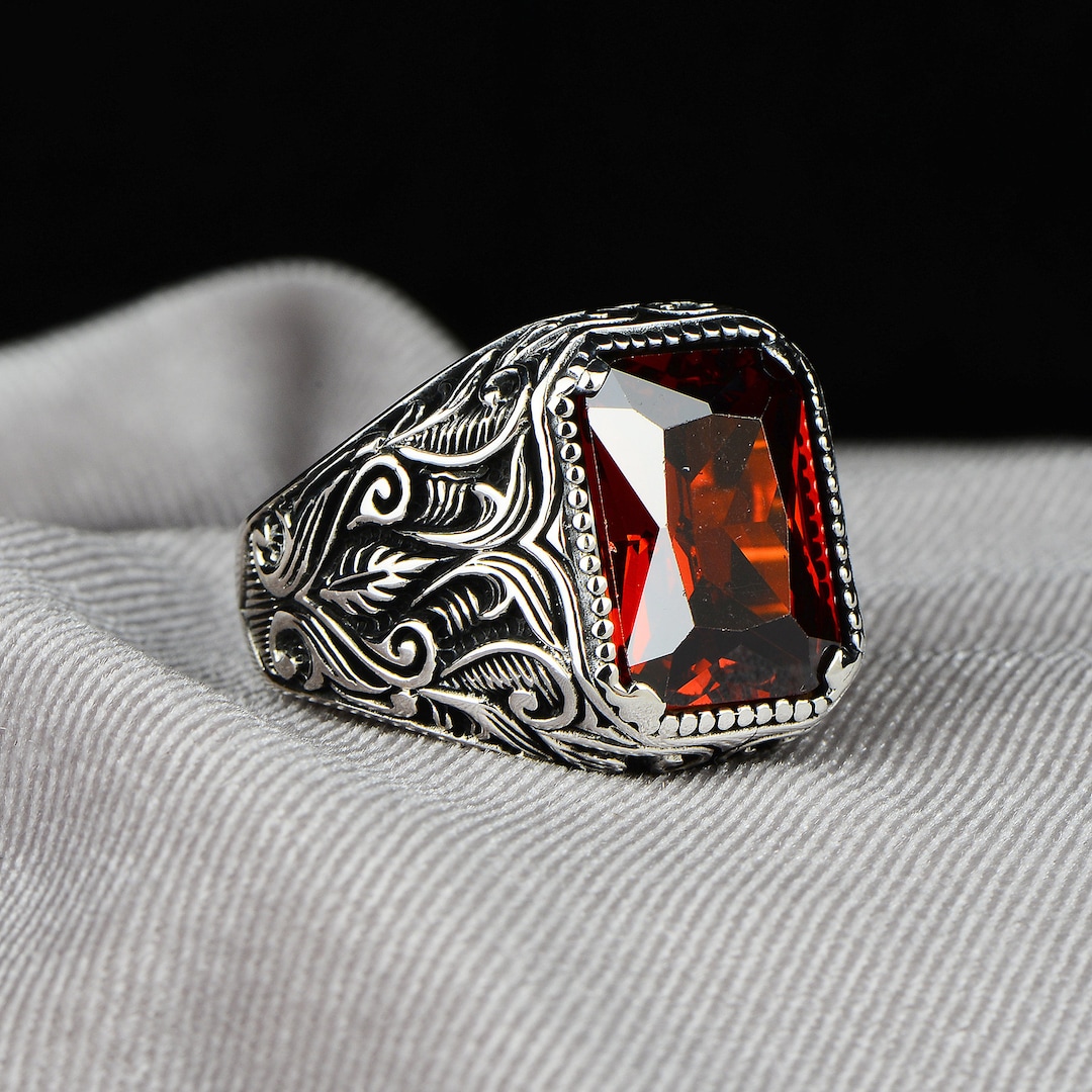 Men Handmade Ruby Stone Silver Ring , Red Stone Garnet Ring , Ottoman ...