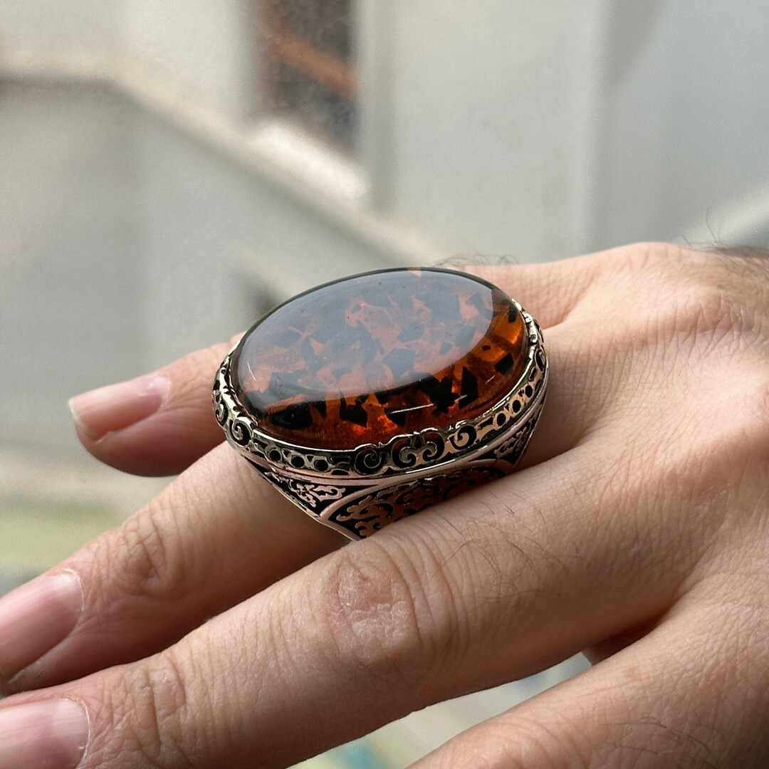Silver Large Amber Ring , Handmade Large Amber Stone Ring , Turkish ...
