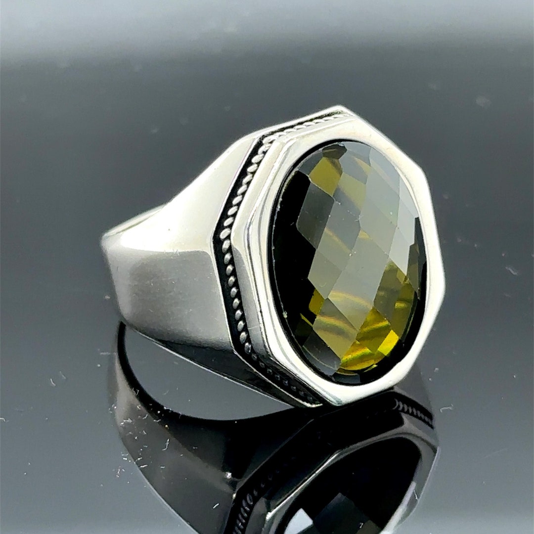 Men Silver Peridot Stone Ring, Classic Elegant Men Ring, Green Stone ...