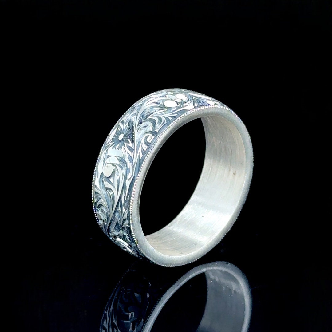 Hand Engraved Silver Wedding Band, Unique Floral Wedding Band, Men ...