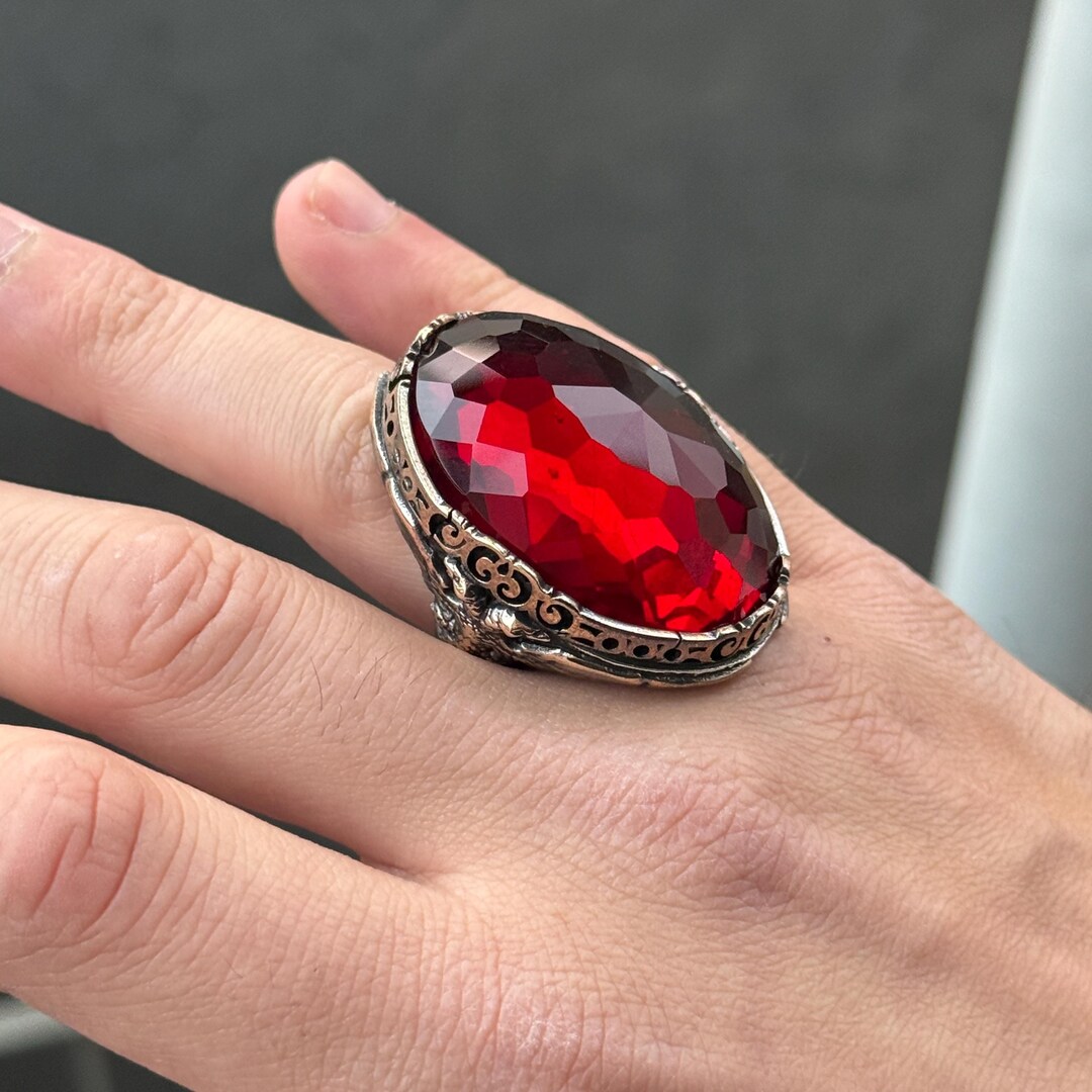 Men Silver Ruby Stone Ring , Handmade Large Double Eagle Ring , Big Red ...