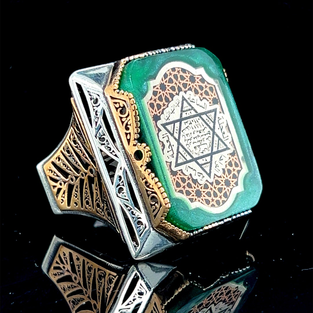 Silver Amber Stone Seal of Solomon Ring , Large Amber Ring, Silver ...