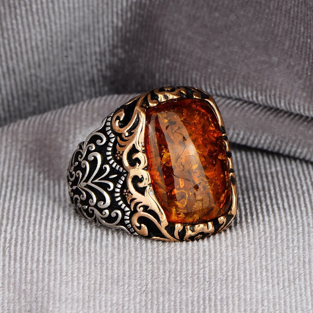 Men Handmade Ring , Amber Stone Ring , Square Stone Ring , Honey Amber ...