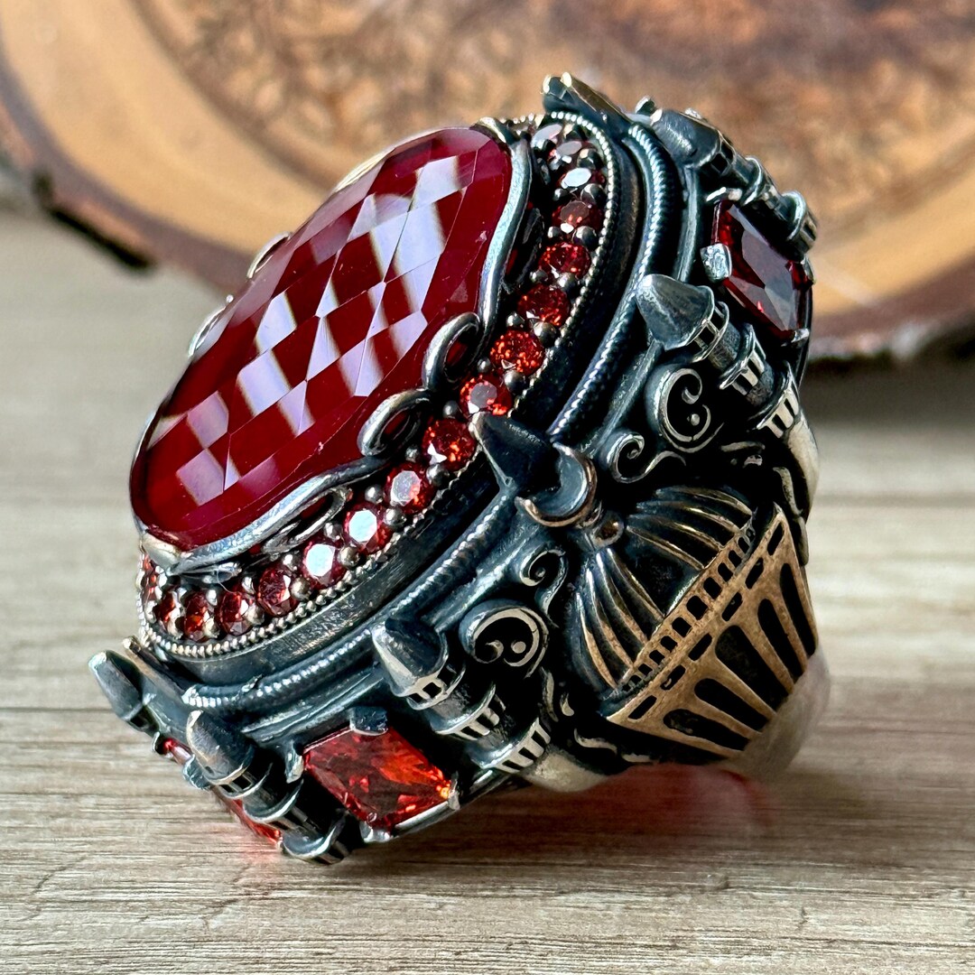 Men Red Garnet Stone Ring, Handmade Silver Large Stone Garnet Ruby Ring ...