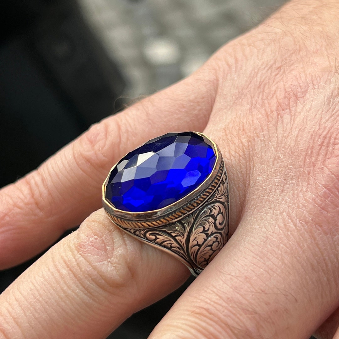 Men Sapphire Stone Ring , Embroidered Men's Ring , Blue Stone Man Ring ...