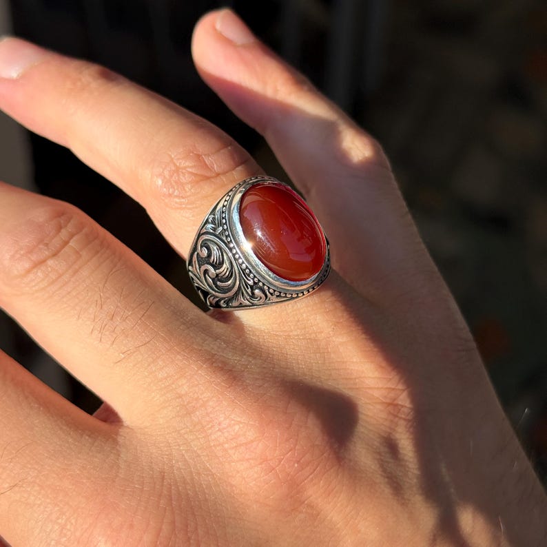 Handgemaakte heren agaat Aqeeq ring, natuurlijke rode agaat ring ...