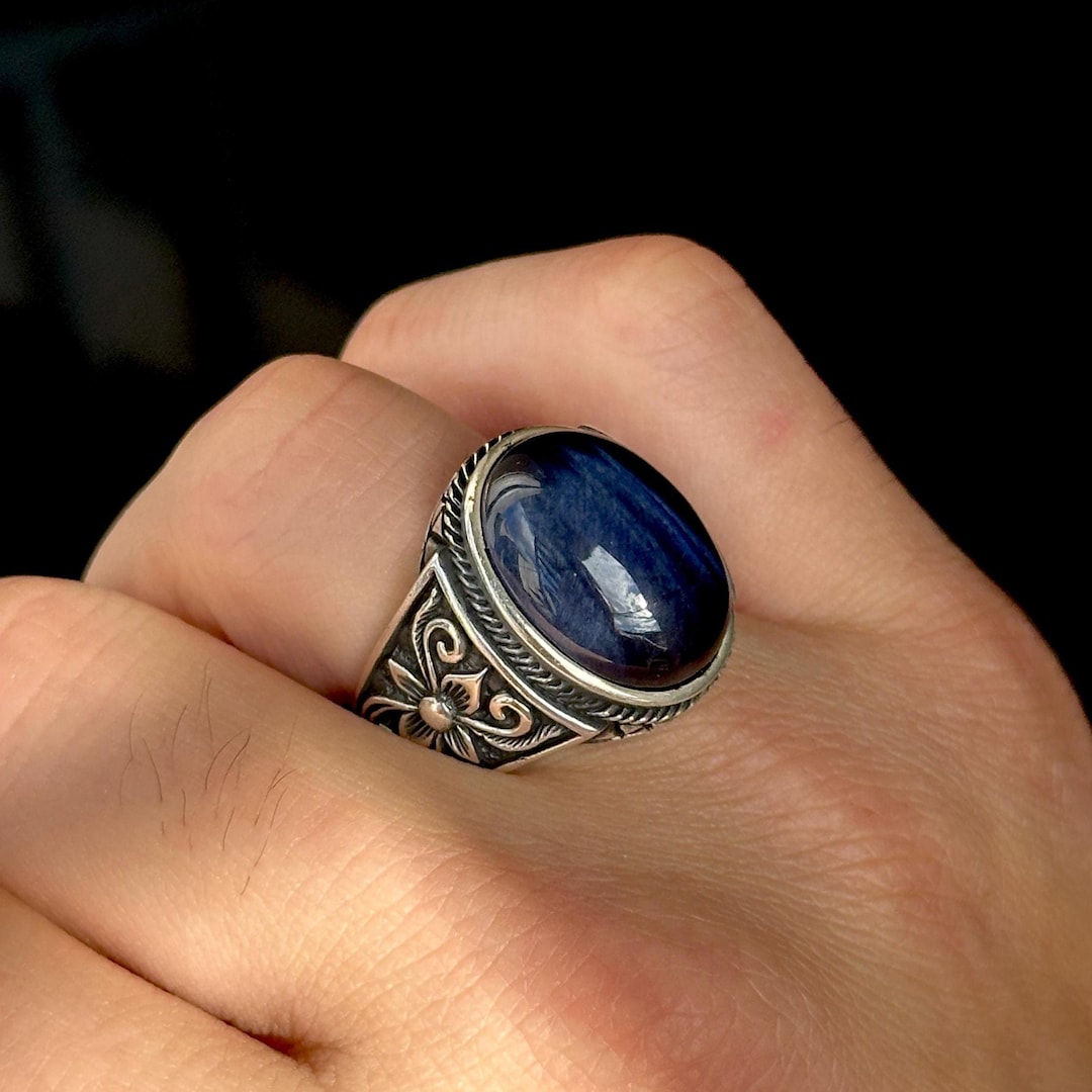 Men Silver Blue Tiger Eye Men Ring, Natural Gemstone Silver Men Ring ...