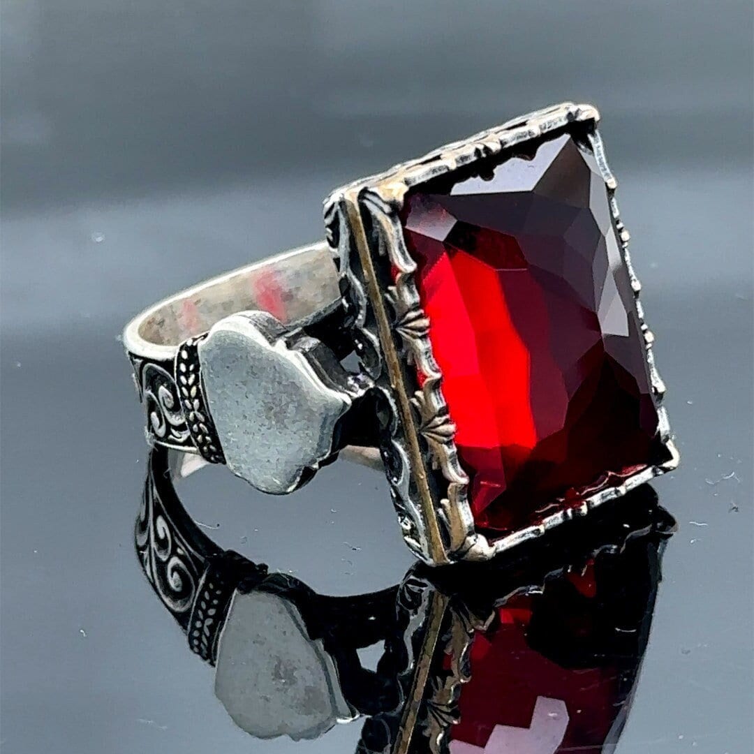 Men Square Ruby Stone Ring , Ottoman Style Man Ring, Ruby Red Stone ...