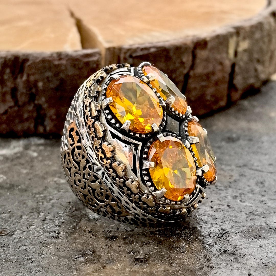 Silver Large Citrine Stone Ring , Big Unique Large Sterling Silver Ring ...