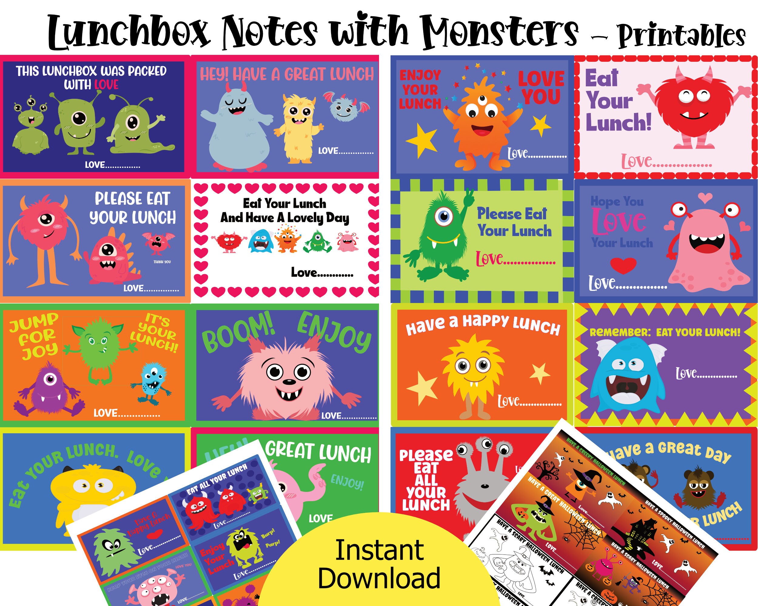Printable. Lunchbox Reminder Notes With Monsters. Instant - Etsy UK