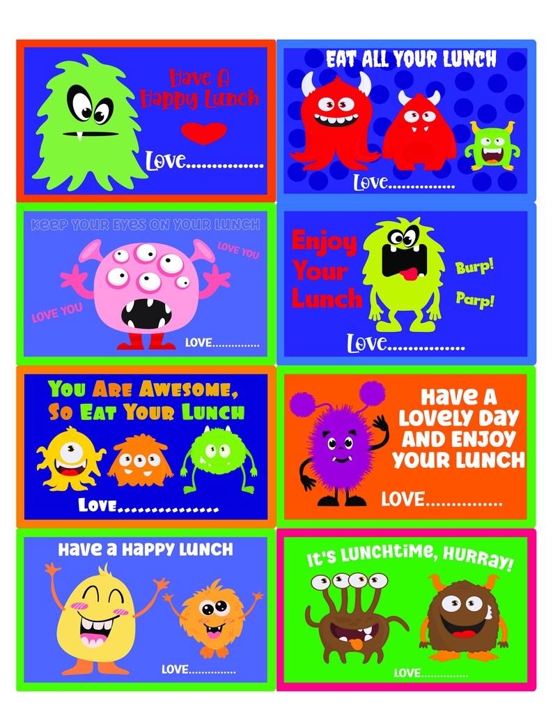 Printable. Lunchbox Reminder Notes With Monsters. Instant - Etsy UK