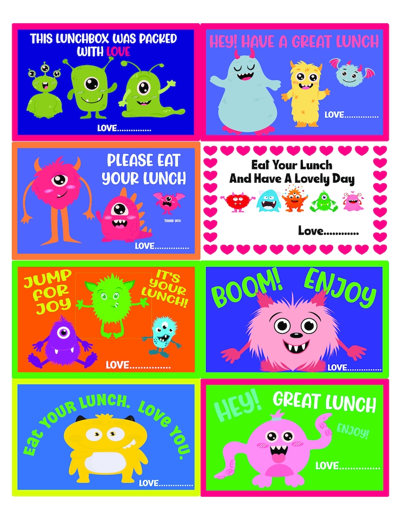 Printable. Lunchbox Reminder Notes With Monsters. Instant - Etsy UK