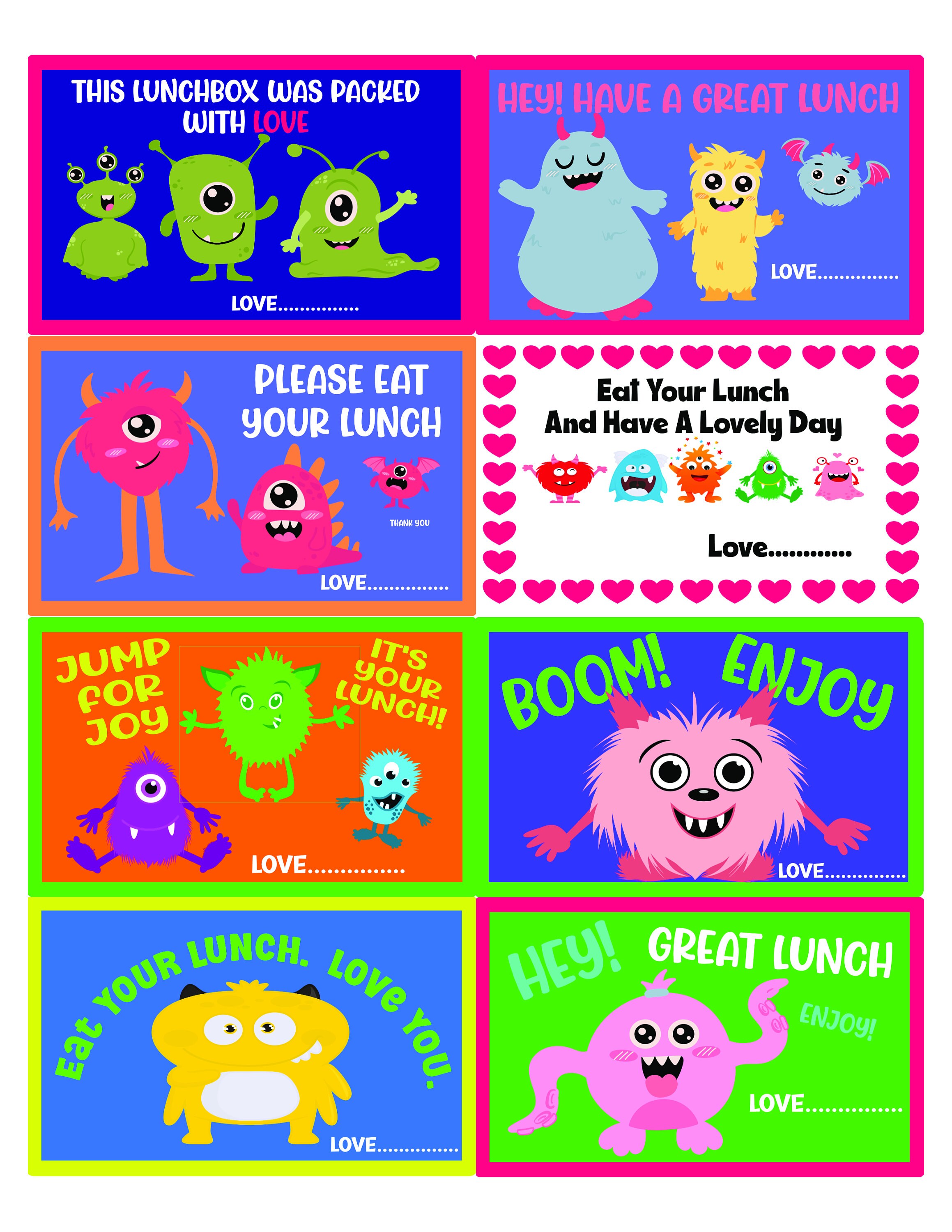 Printable. Lunchbox Reminder Notes With Monsters. Instant - Etsy UK