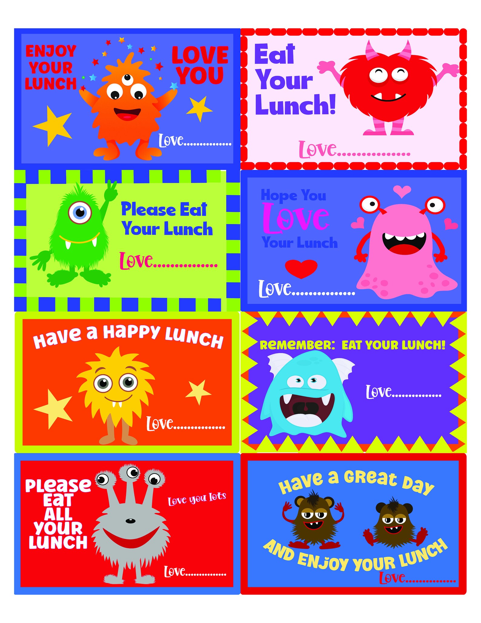 Printable. Lunchbox Reminder Notes With Monsters. Instant - Etsy UK