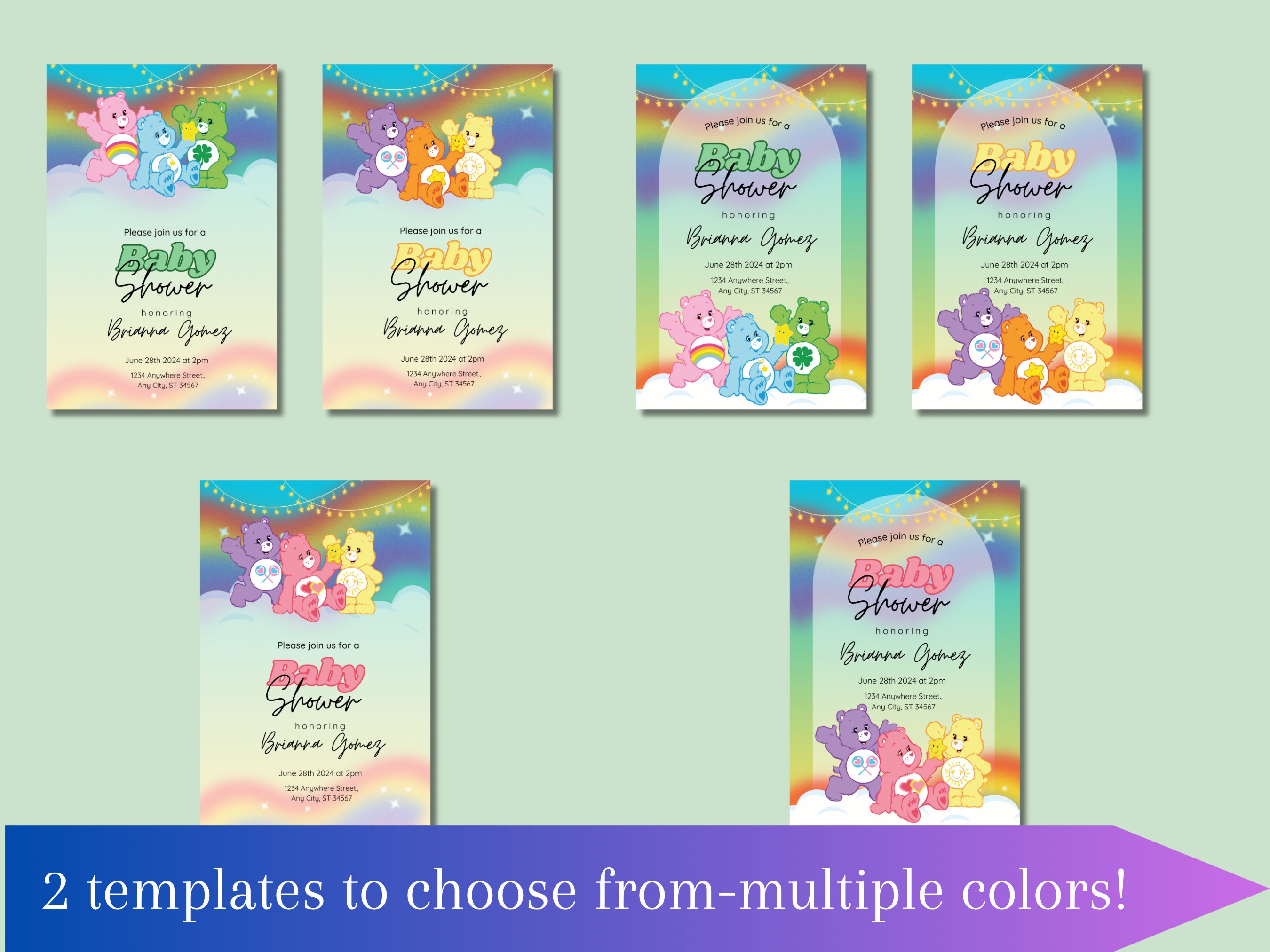 Care Bears Baby Shower Invitation Template, Colorful Care Bears ...
