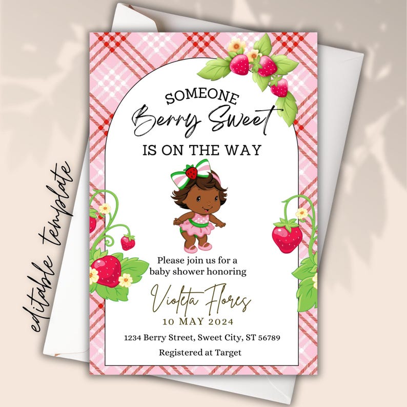 African American Strawberry Shortcake Baby Shower Invitation, Editable ...