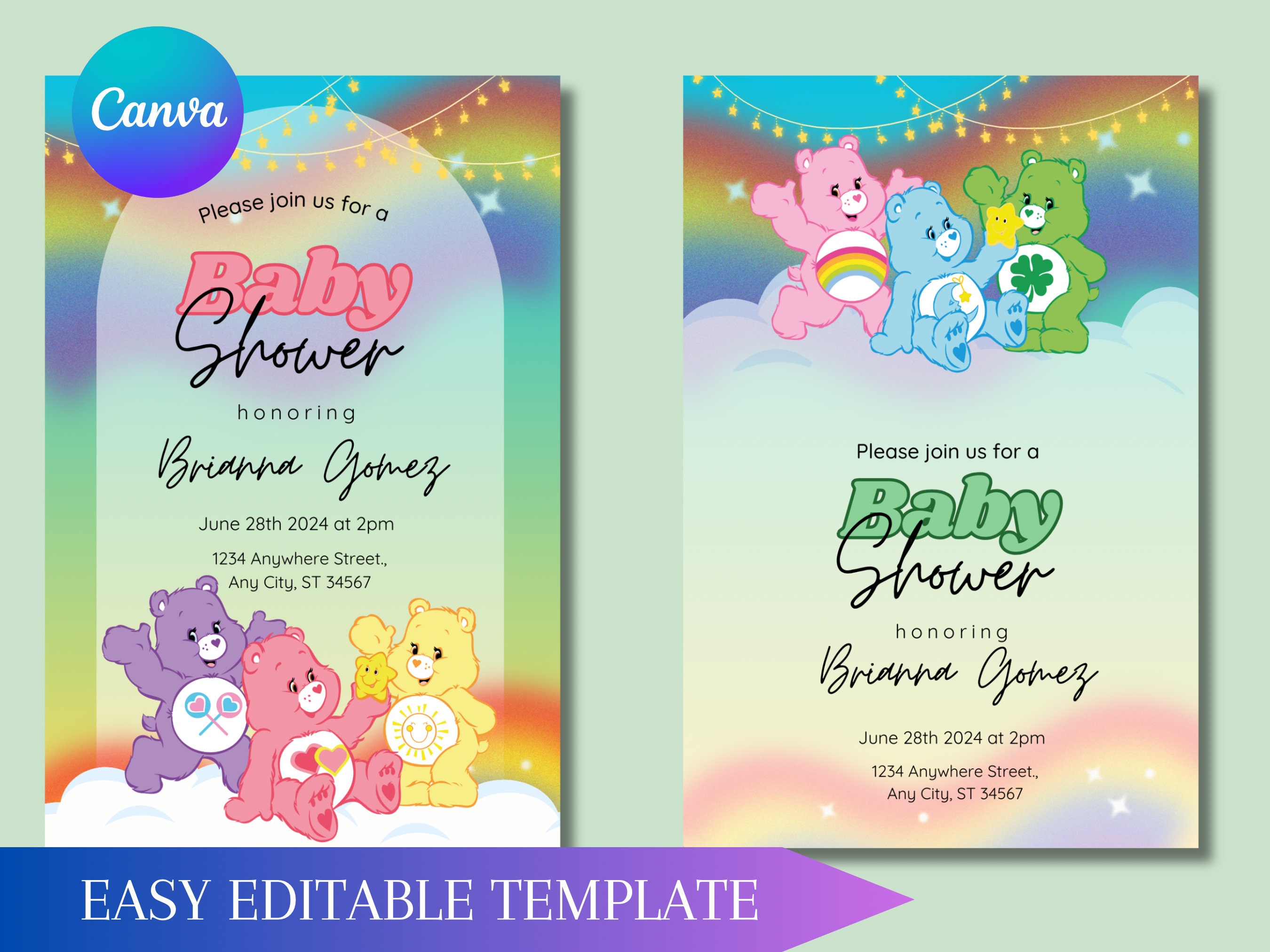 Care Bears Baby Shower Invitation Template, Colorful Care Bears ...