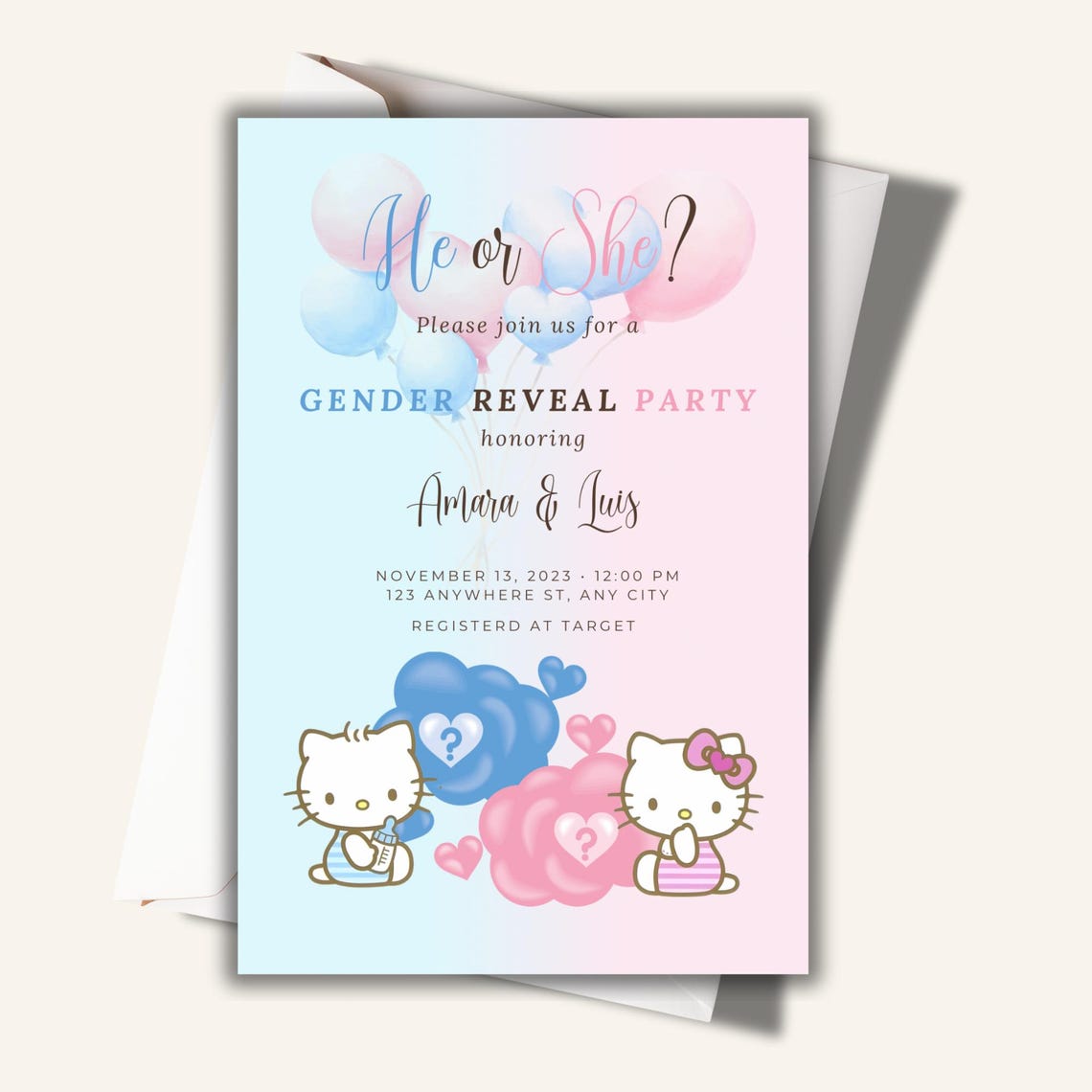 Kitty Gender Reveal Invitation, Hello Baby Invite Gender Reveal Party Kawaii Cute 4x6 5x7 - Etsy