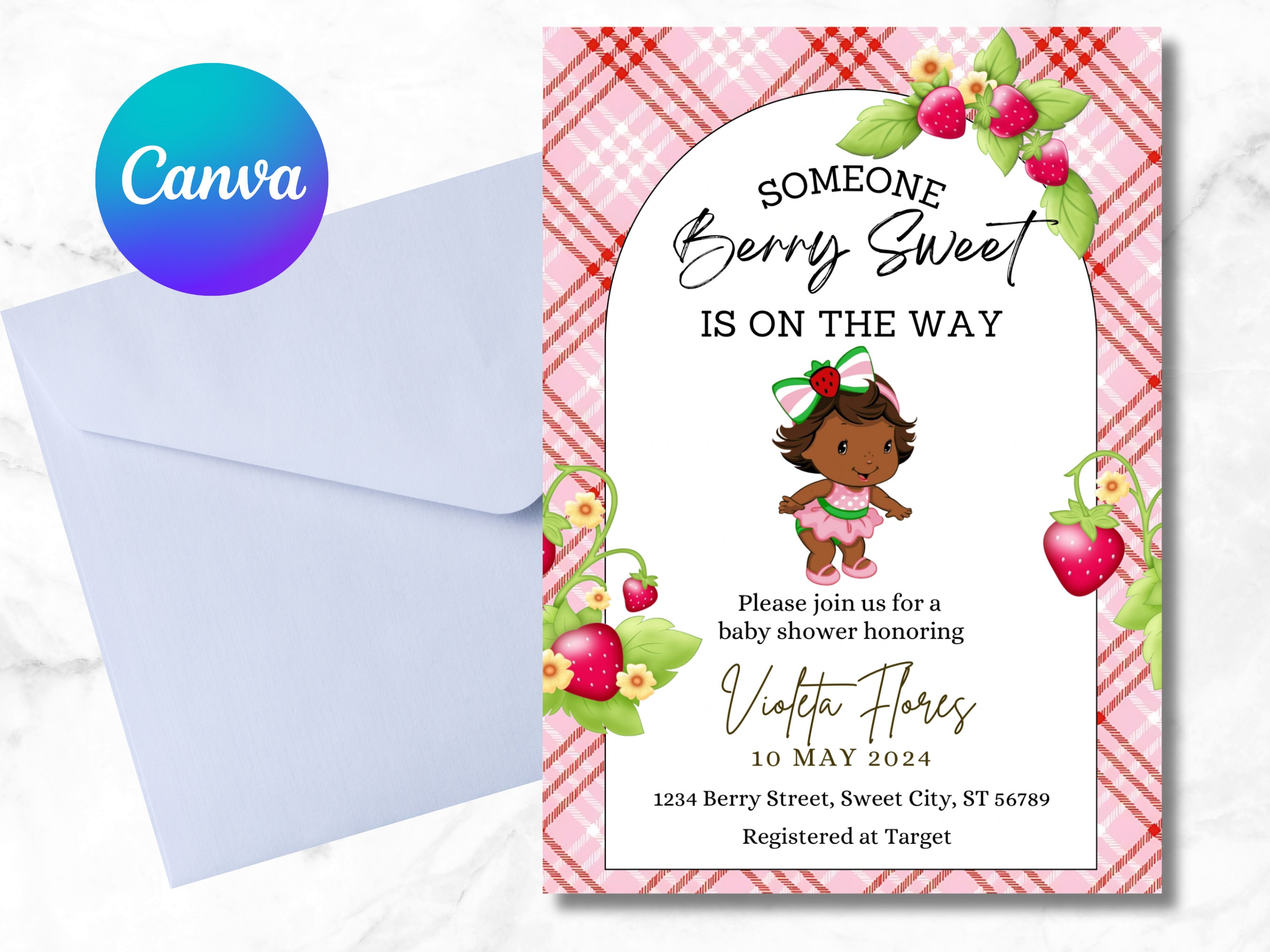 African American Strawberry Shortcake Baby Shower Invitation, Editable ...
