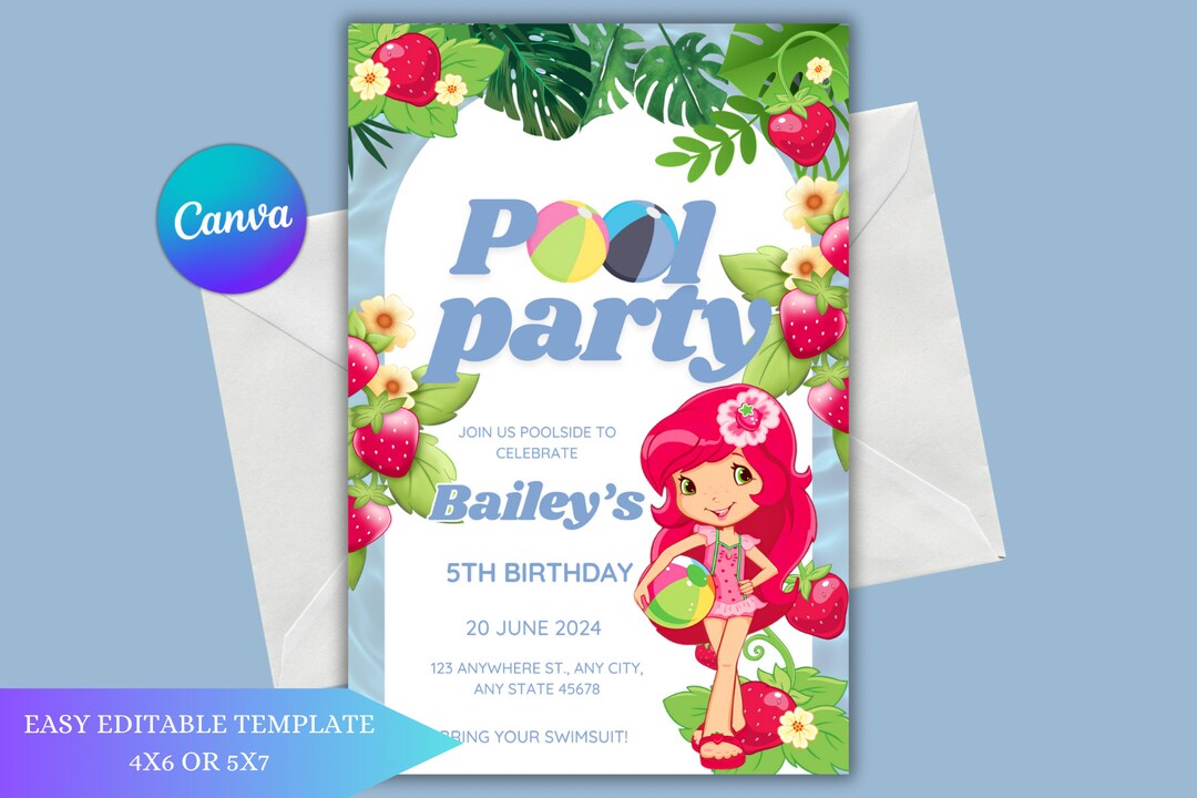 Strawberry Shortcake Pool Party Invitation Template, Editable Summer ...