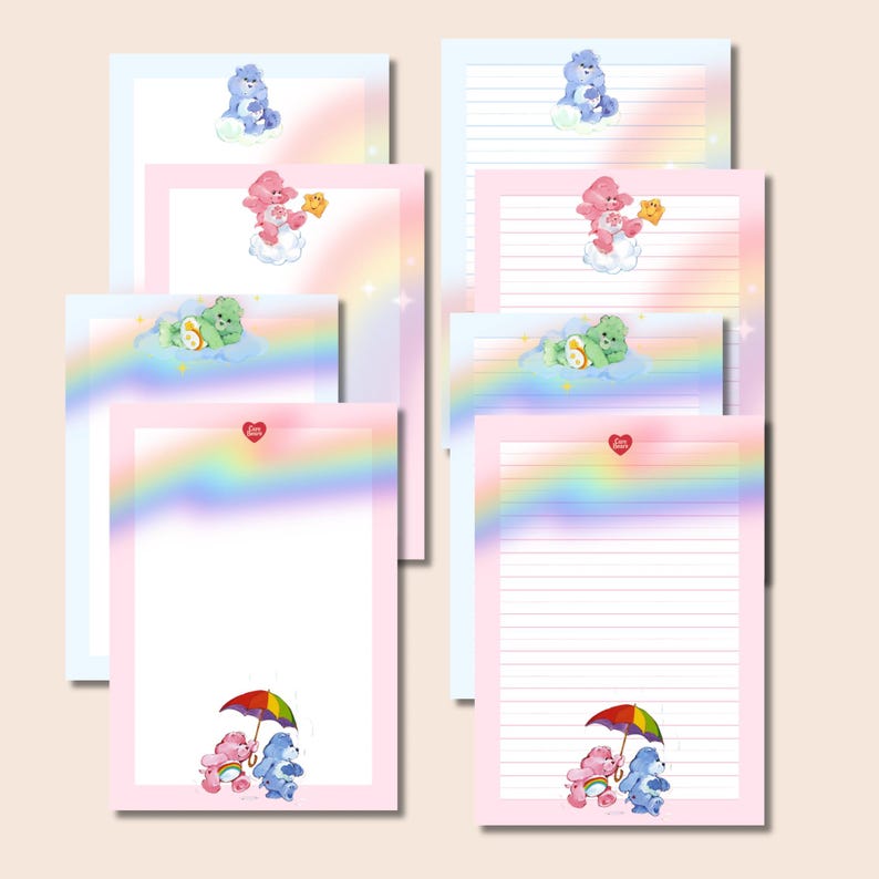 Carebears Stationary Set, Printable Lined and Unlined, Letter Writing ...