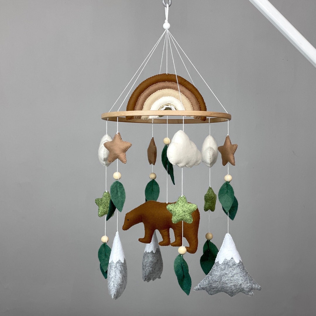 Woodland Crib Mobile Bear Felt Baby Mobile Neutral Rainbow Forest ...