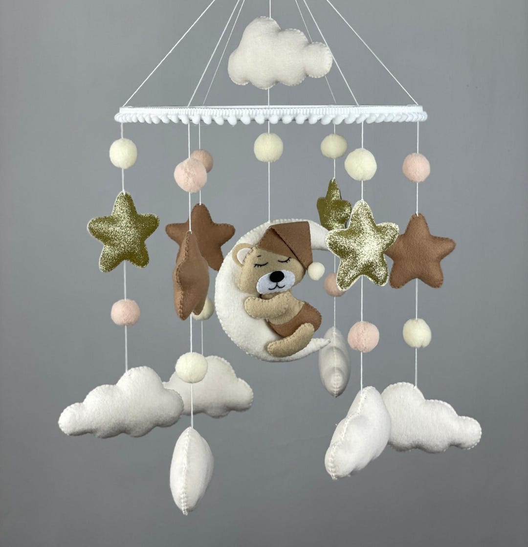 Neutral Baby Mobile Bear Nursery Decor Felt Bear Mobile Baby Crib ...