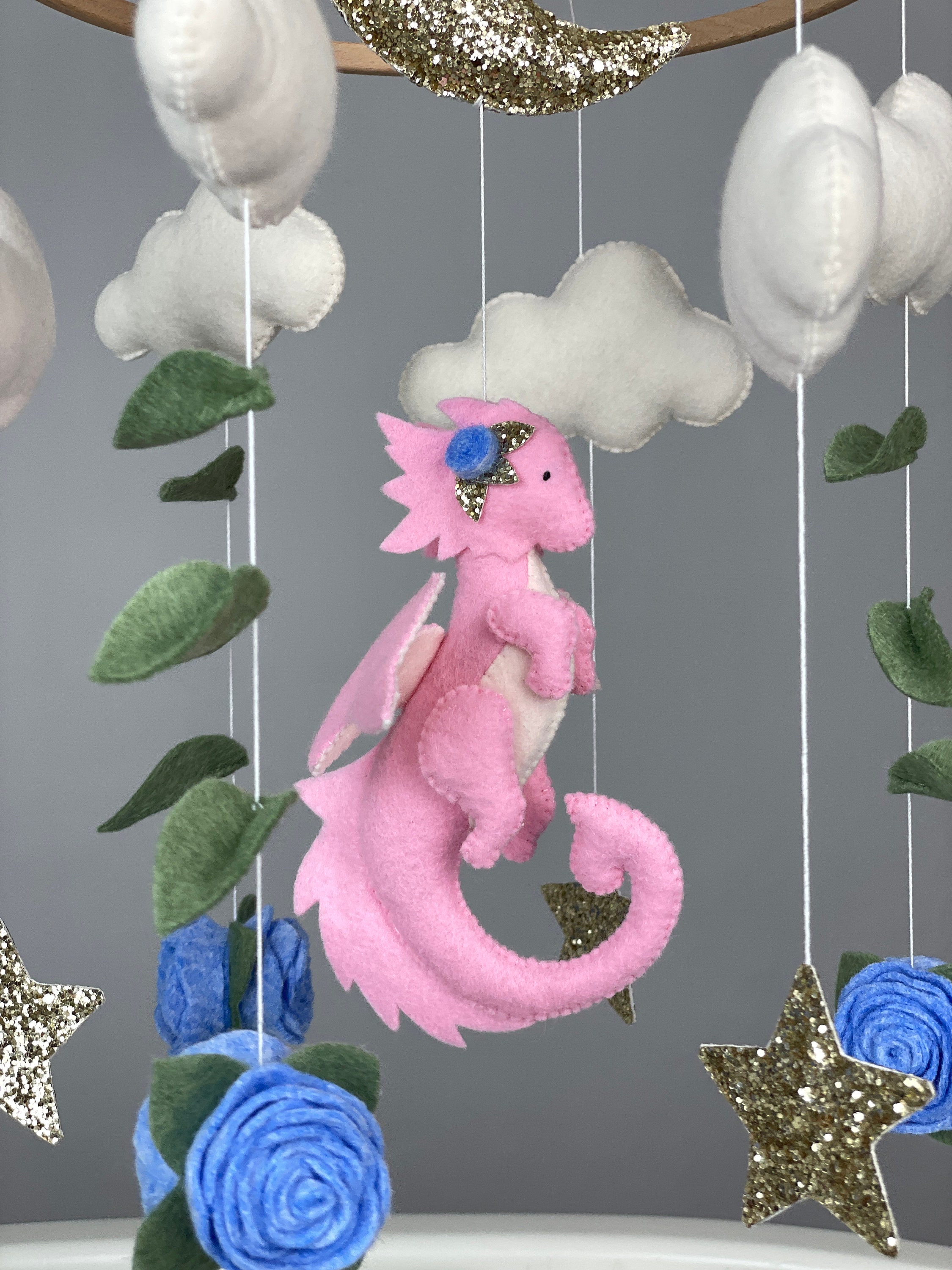 Pink Dragon Baby Mobile Girl Fantasy Nursery Decor Felt Dragon Flower ...