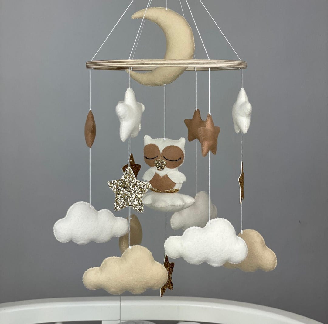 Neutral Baby Mobile With Owl Cloud Nursery Mobile Crib Mobile Baby Star ...