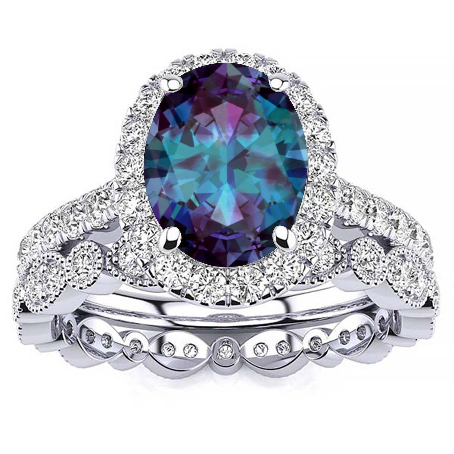 Vintage Alexandrite Engagement Ring Set White Gold Ring | Etsy