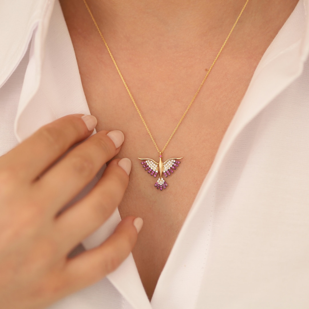 14k Gold Ruby Phoenix Necklace | Turquoise Firebird Simurgh Bird ...