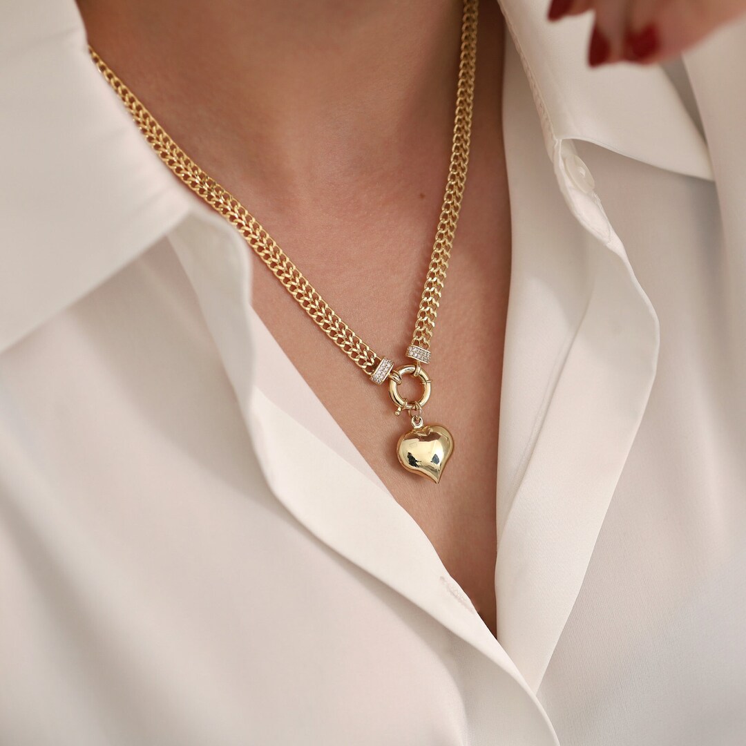 14k Gold Double Curb Chain Necklace | 6mm Sailor Lock Charm Layering ...