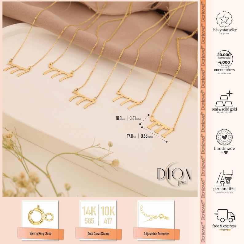 14k Gold 777 Angel Number Necklace | Lucky Minimalist Charm Necklace ...
