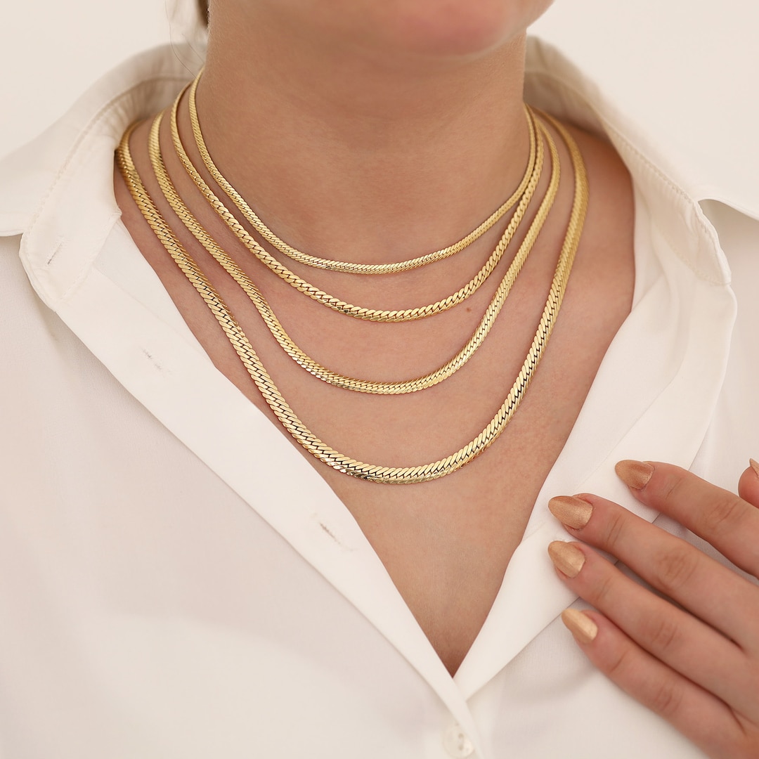 14k Gold Herringbone Chain Necklace | 4mm Italian Snake Layering ...