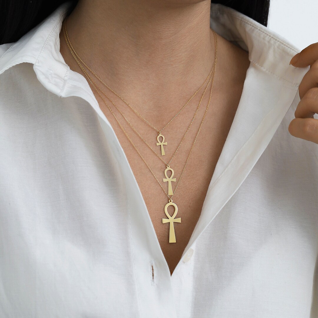 14k Gold LARGE Ankh Cross Pendant | Dainty Ankh Charm Necklace, Pharaoh ...