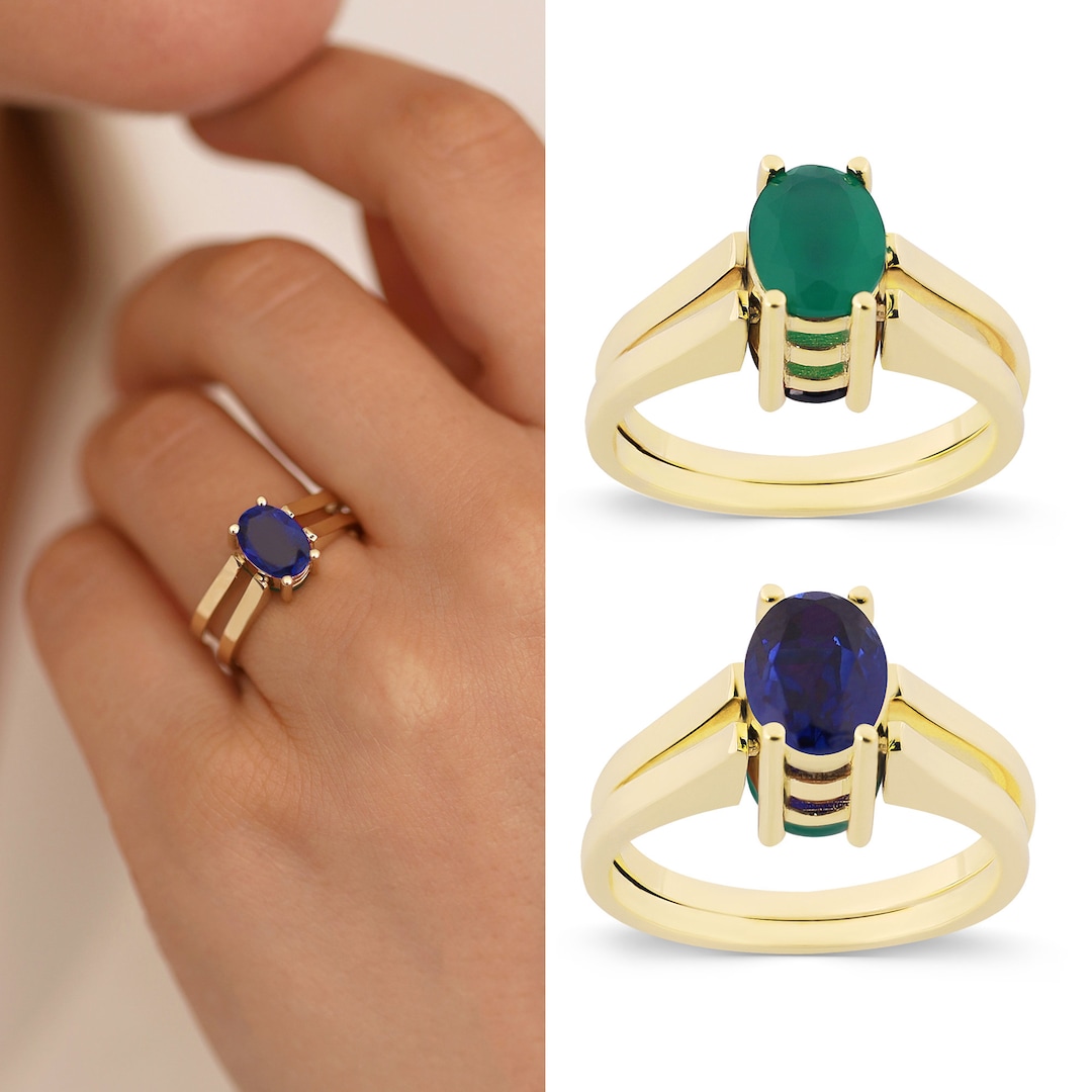 Emerald & Lapis Lazuli Reversible Ring | 14k Gold Two in One Ring, Two ...