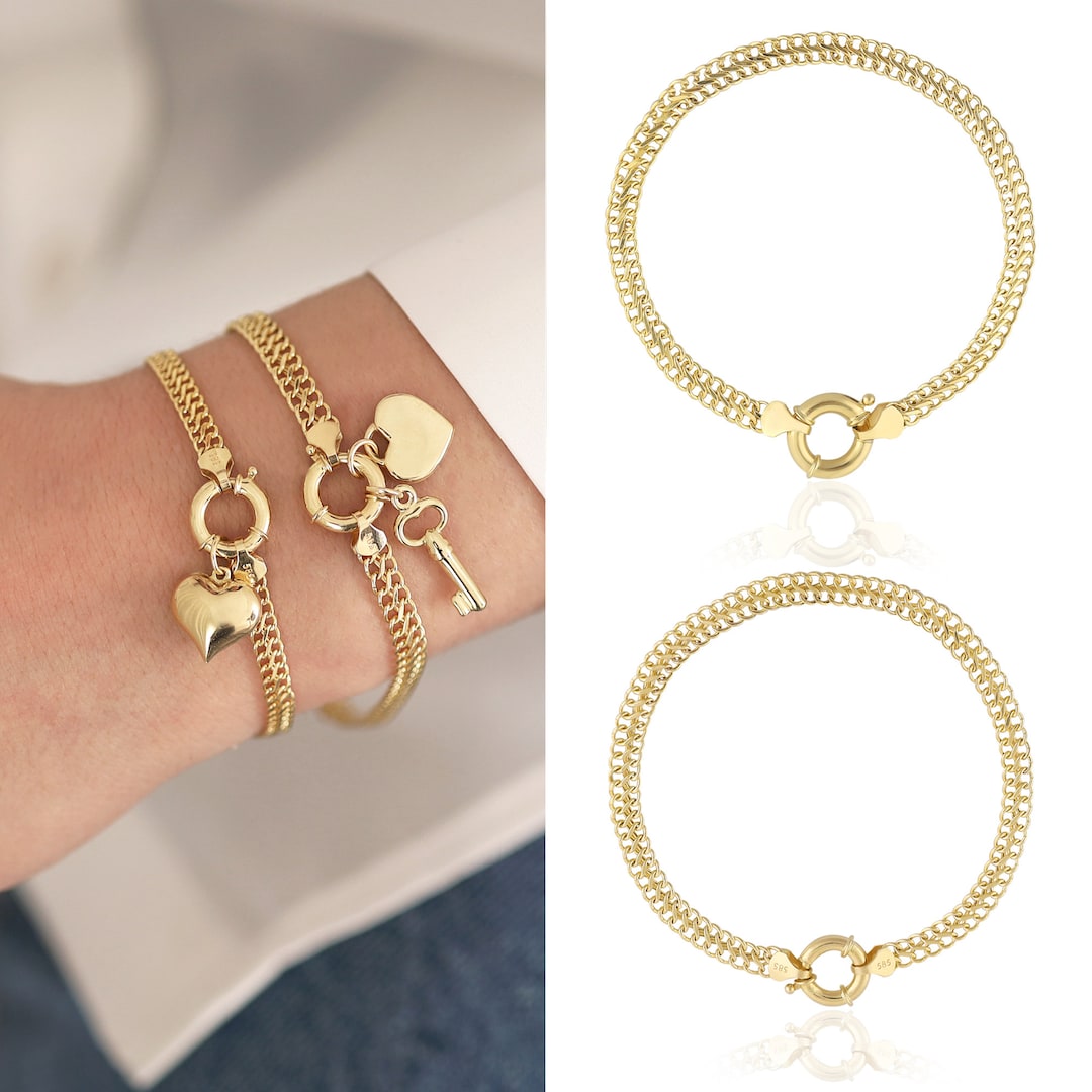 14k Gold Vienna Chain Charm Bracelet Sailor Clasp With Heart, Key ...