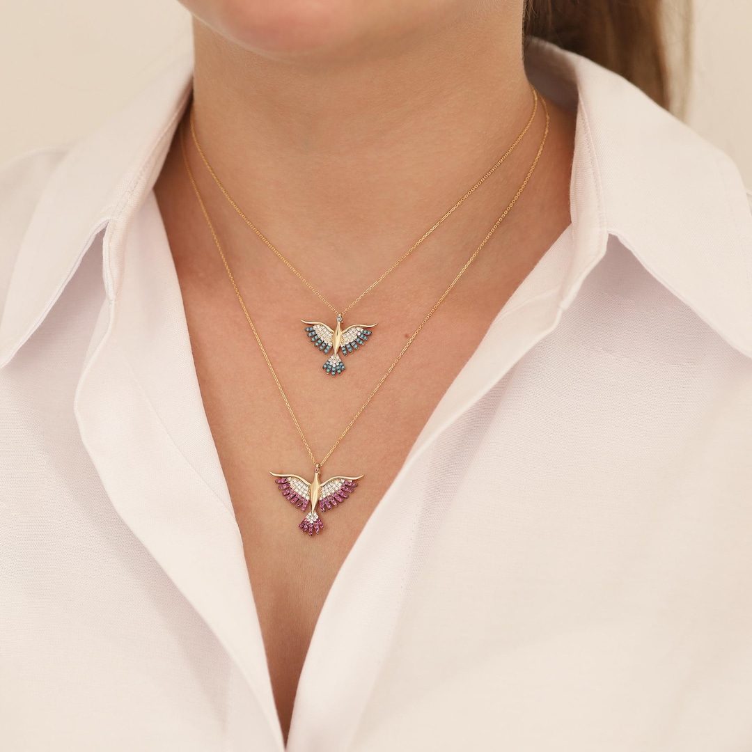 14k Gold Phoenix Necklace | Blue Turquoise Firebird Simurgh Ruby ...