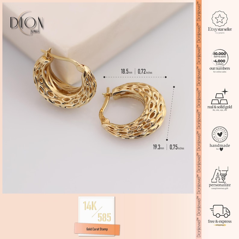 Aros perforados de oro de 14 k / Joyas llamativas anchas y cónicas con ...