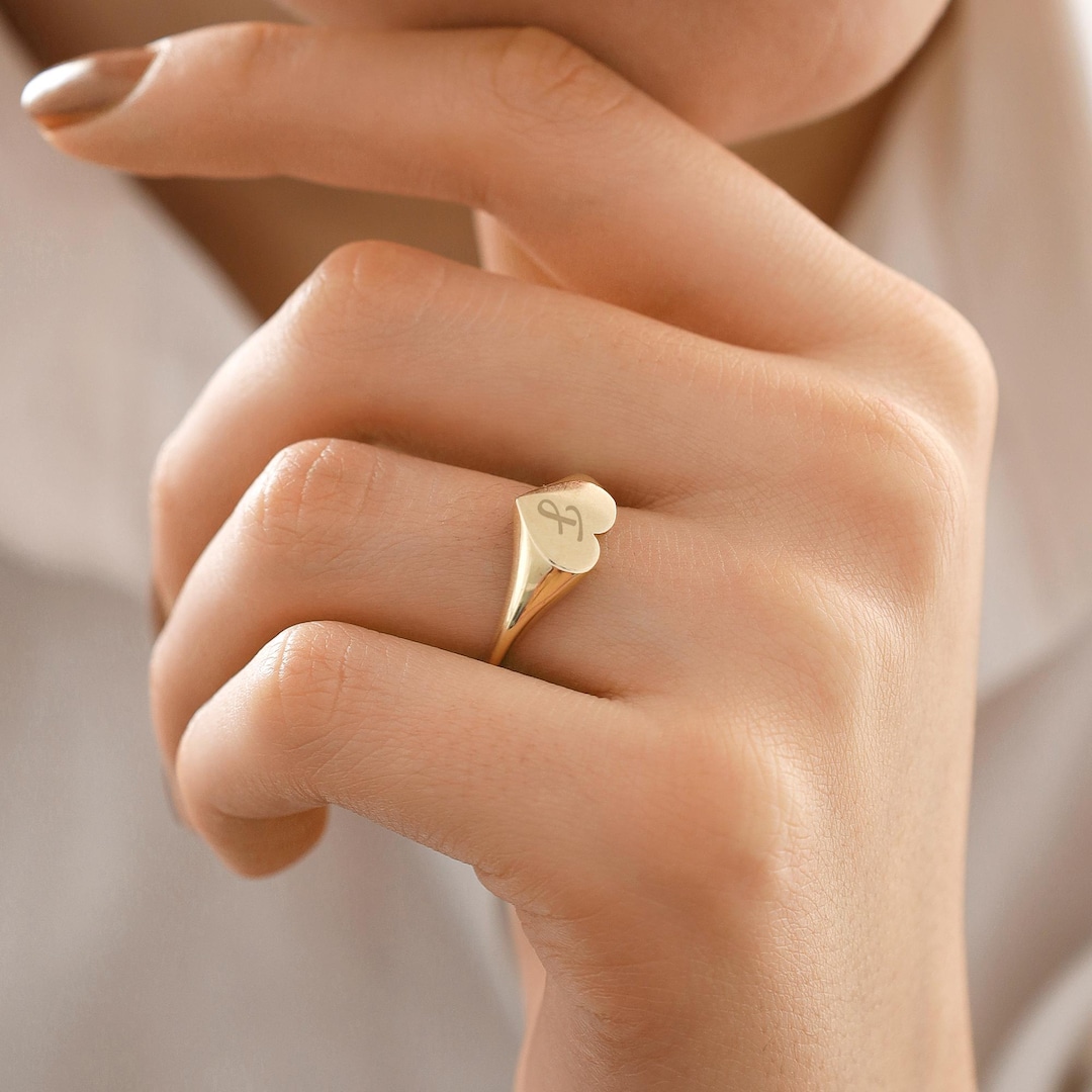 14k Gold Dome Heart Initial Ring | Personalized Engravable Band Jewelry ...