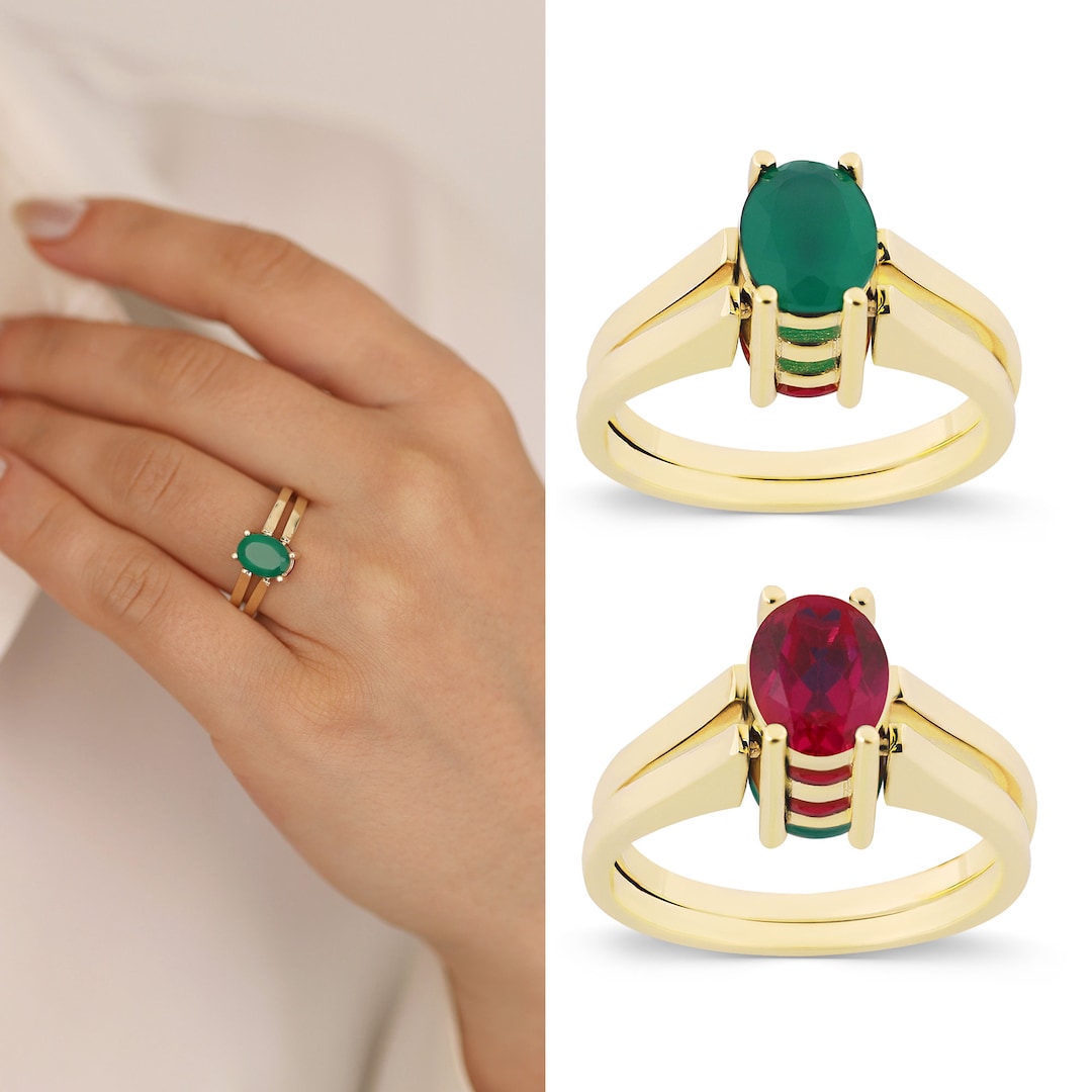 14k Gold Emerald & Ruby Reversible Ring | Two-side Oval Gemstone Ring ...