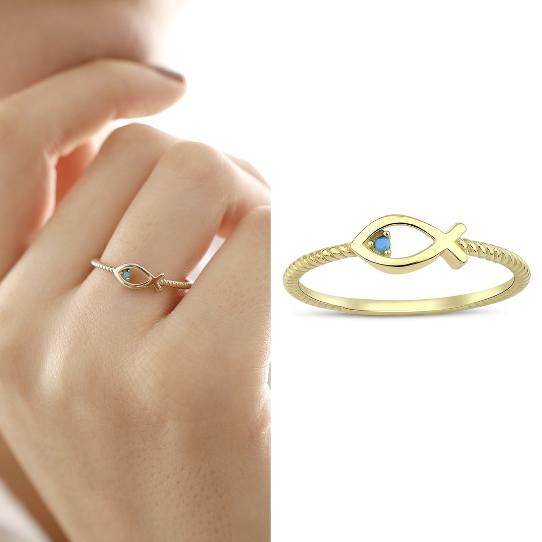14k Gold Ichthus Fish Ring With Turquoise Gemstone Rope Detailed Dainty ...