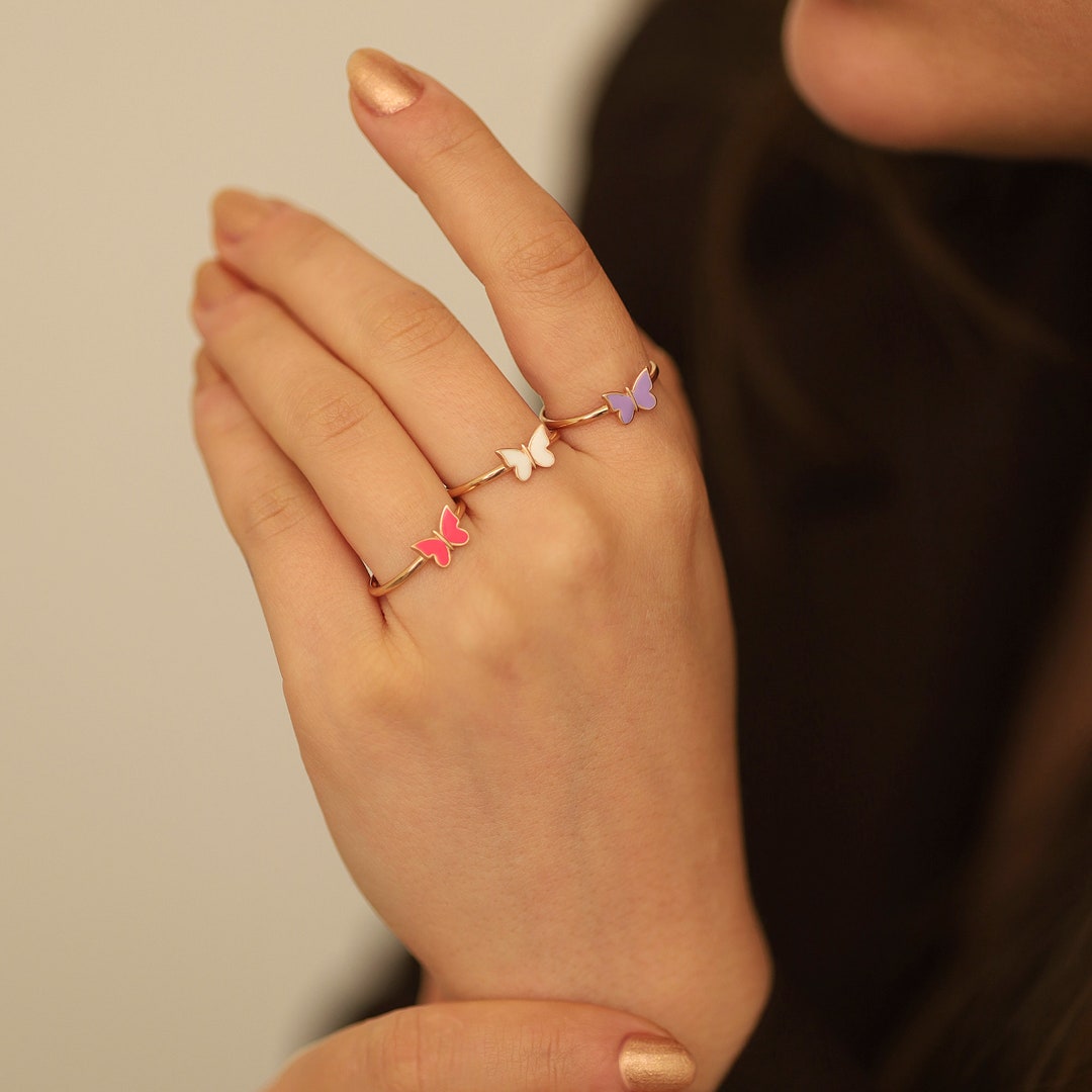 14k Gold Butterfly Enamel Ring | Blue Pink Stacking Dainty Everyday ...