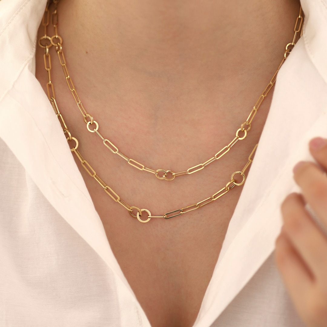14k Gold Paperclip Round Link Necklace | Double Circle Layering Chain ...