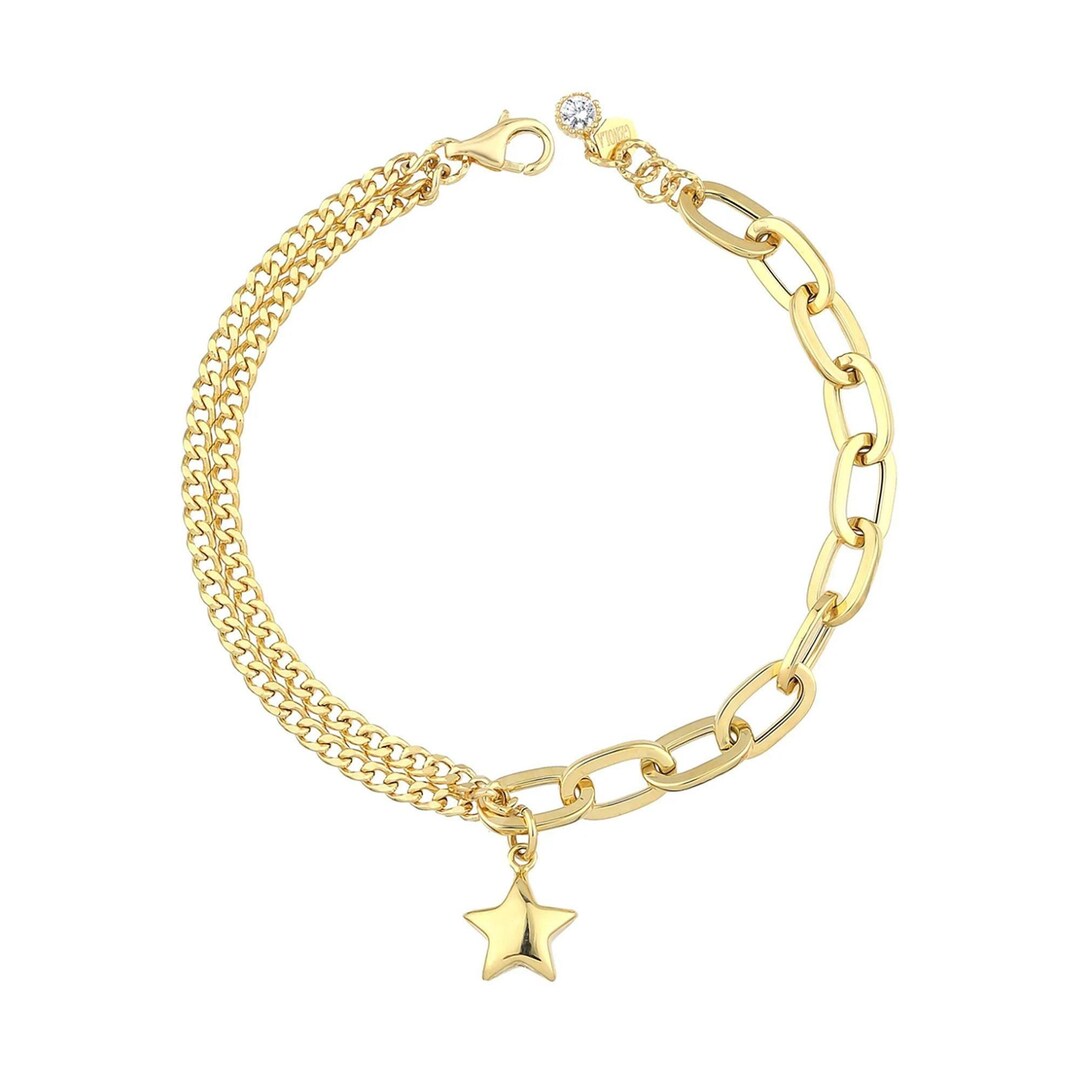 14k Gold Star Charm Bracelet | Puffed Star Double Curb Paperclip Link ...