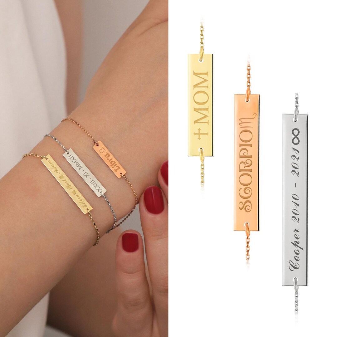 14k/10k Gold Personalized Bar Bracelet | Engraved Name, Date, Icon ...